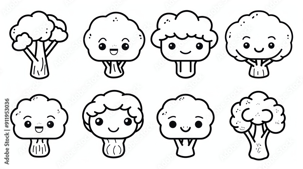 Eight cute cartoon broccoli characters, perfect for coloring pages and ...