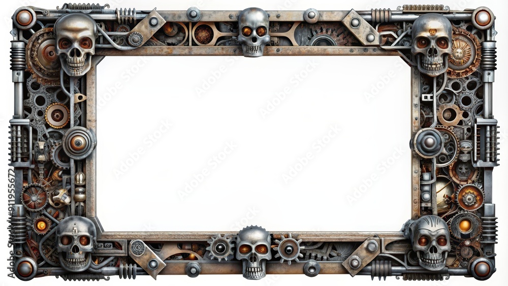 Fantastic horror metal frame border with mecha parts on background ...