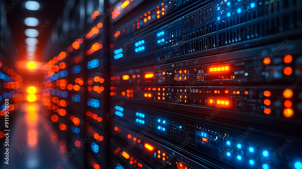 Close-up of a server rack with neatly organized cables and blinking LED indicators in a high ...