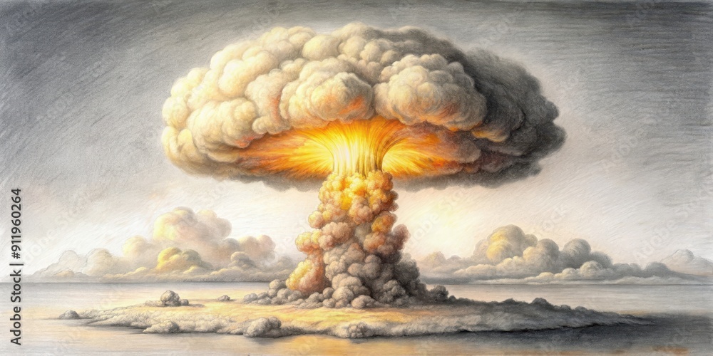 Pencil drawing of a nuclear boom explosive, weapon, warfare, nuclear ...
