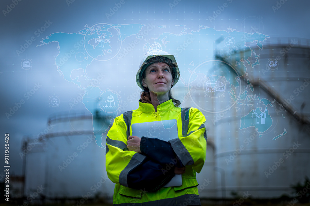 Double exposure infographic world network oil refinery tank engineers ...