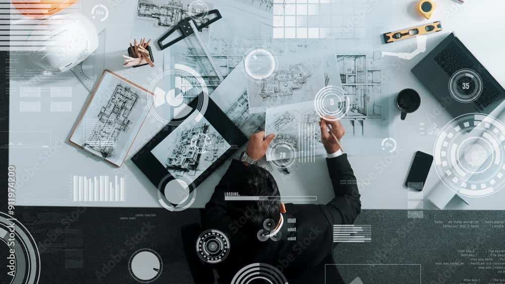 Top down of smart manager working together to plan house design. Aerial ...