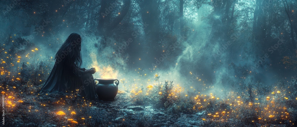 A mystical scene depicting a sorceress with a cauldron in an enchanted ...