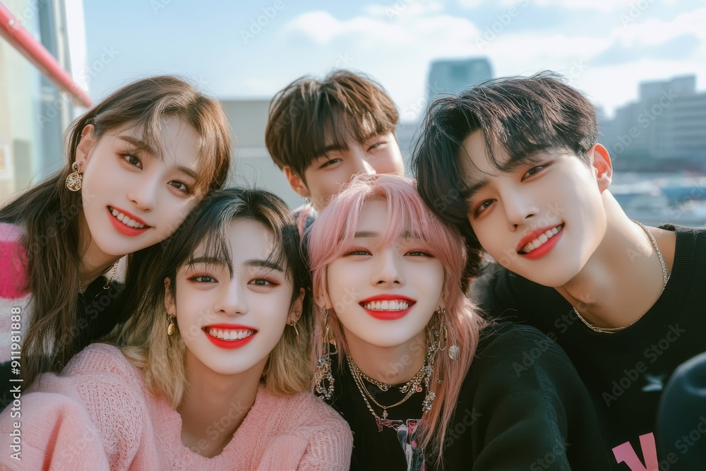 K-pop group posing for a photo with bright smiles and playful ...