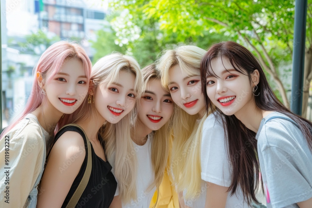 K-pop group posing for a photo with bright smiles and playful ...
