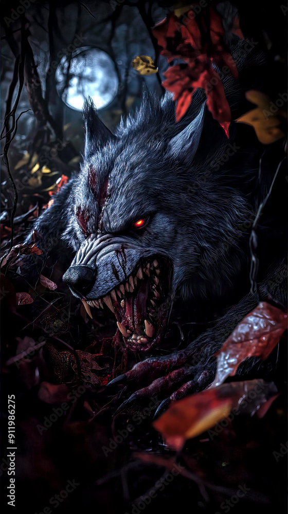 Savage growling werewolf with glowing eyes in the forest under a full ...