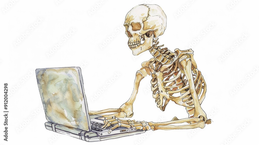 Skeleton with a computer or laptop,Clipart, watercolor illustration ...