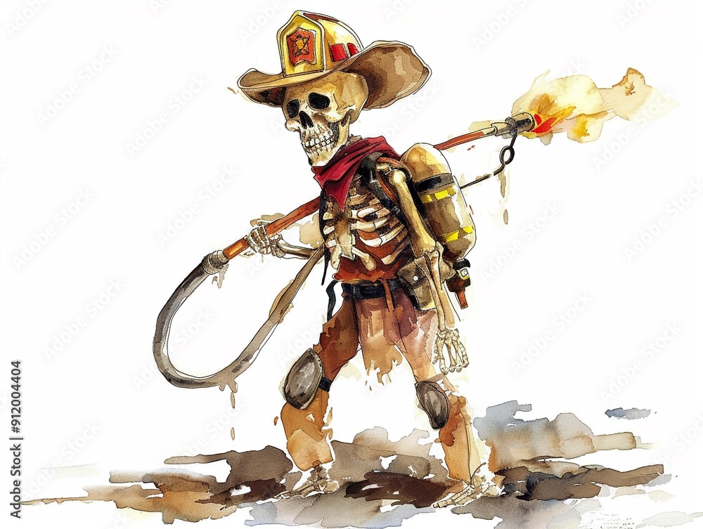 Skeleton as a firefighter with a hose,Clipart, watercolor illustration ...