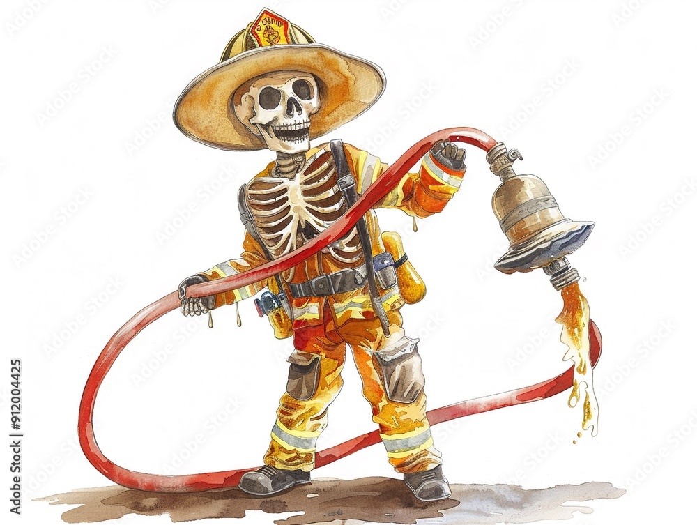 Skeleton as a firefighter with a hose,Clipart, watercolor illustration ...