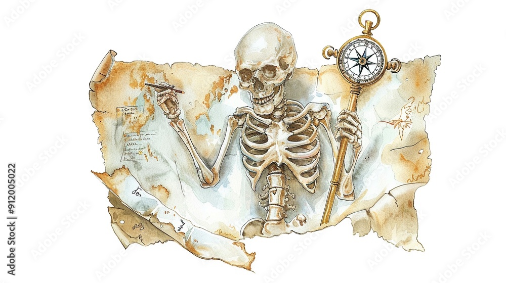 Skeleton with a map and compass,Clipart, watercolor illustration ...