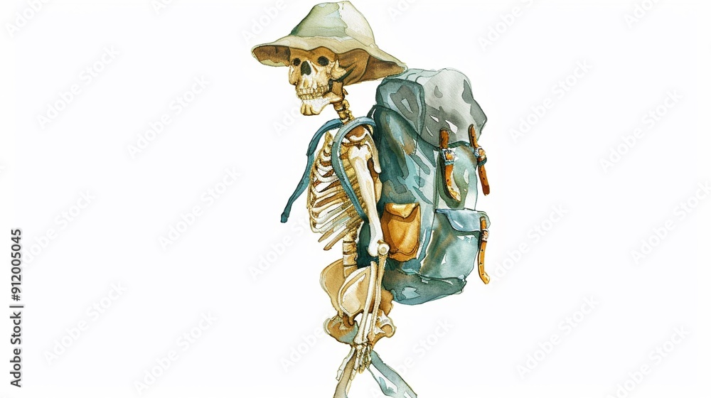 Skeleton with a backpack for adventures,Clipart, watercolor ...