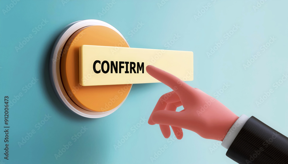 3D illustration of a hand pressing a confirm button on a modern ...