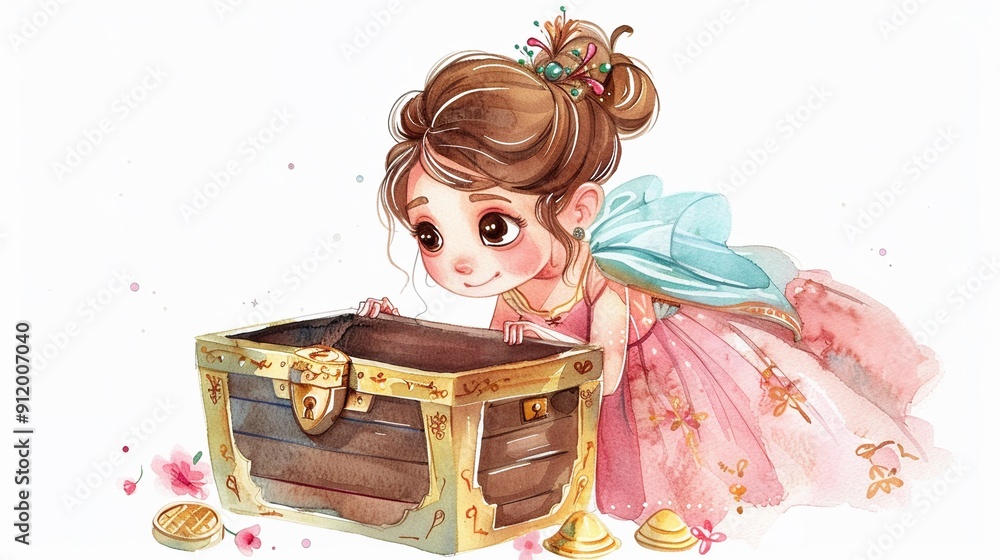 Princess with a treasure chest,Clipart, watercolor illustration ...