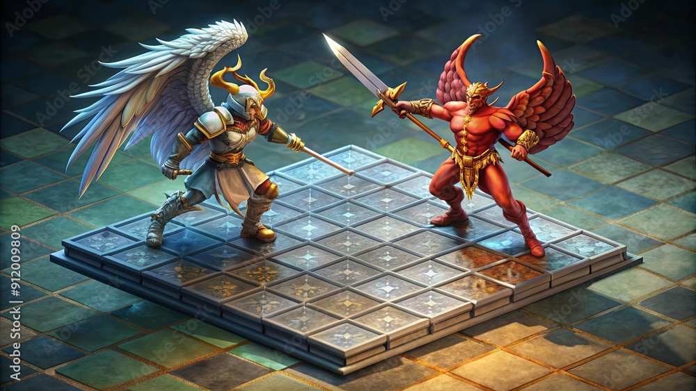 Isometric statue of demon and angel fighting with swords on a RPG board ...
