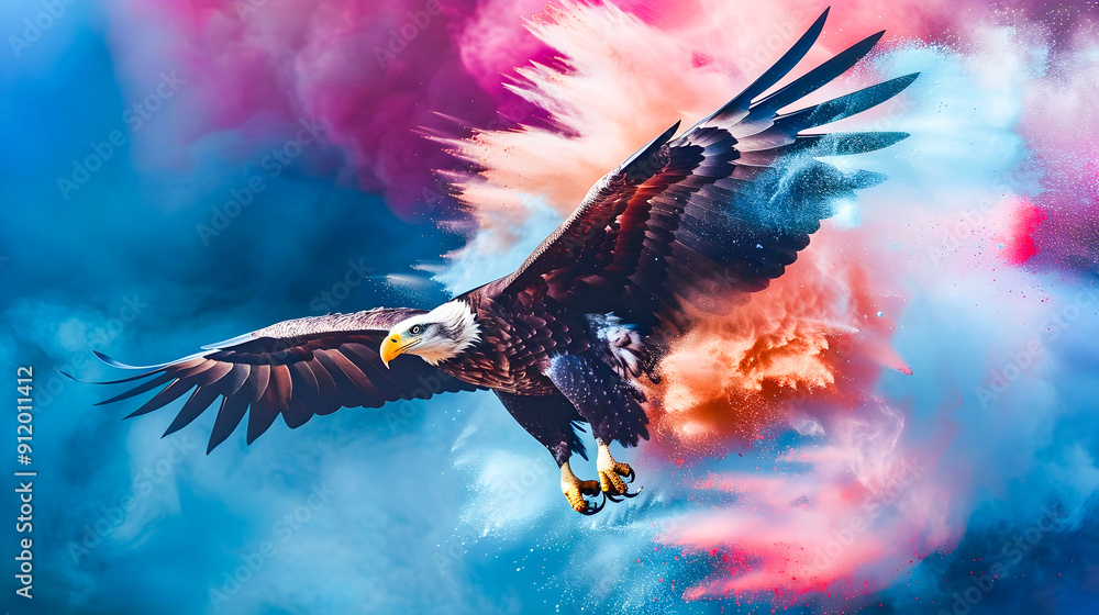 Majestic bald eagle soaring through a dynamic explosion of vibrant ...