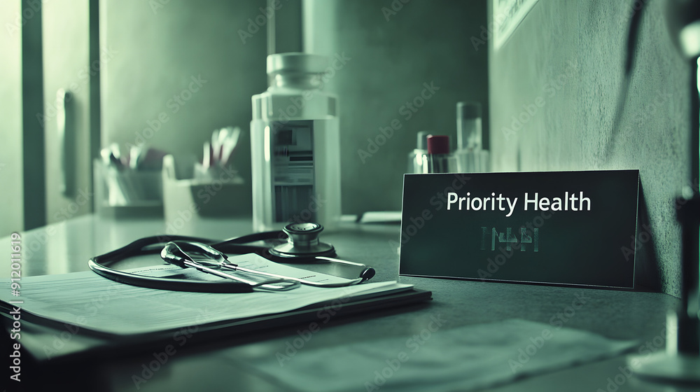 "Priority Health" Label on Medical File on Desk with Stethoscope and ...