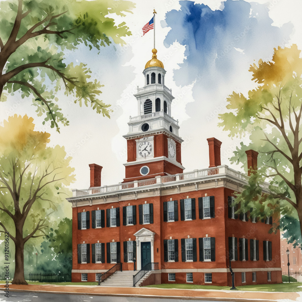 Watercolor illustration of Independence Hall in Philadelphia ...
