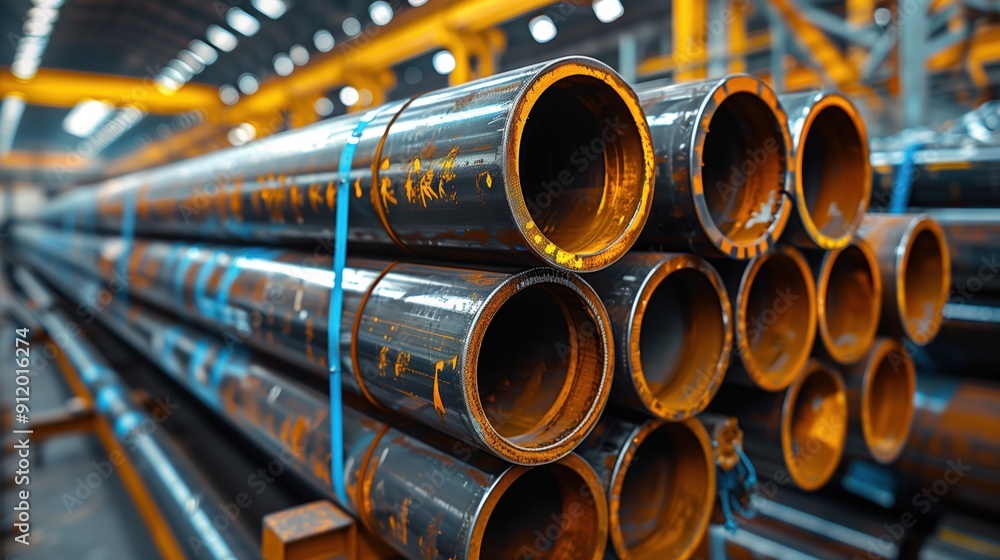 Stacked Steel Tubes in Industrial Facility. Rows of stacked steel tubes ...