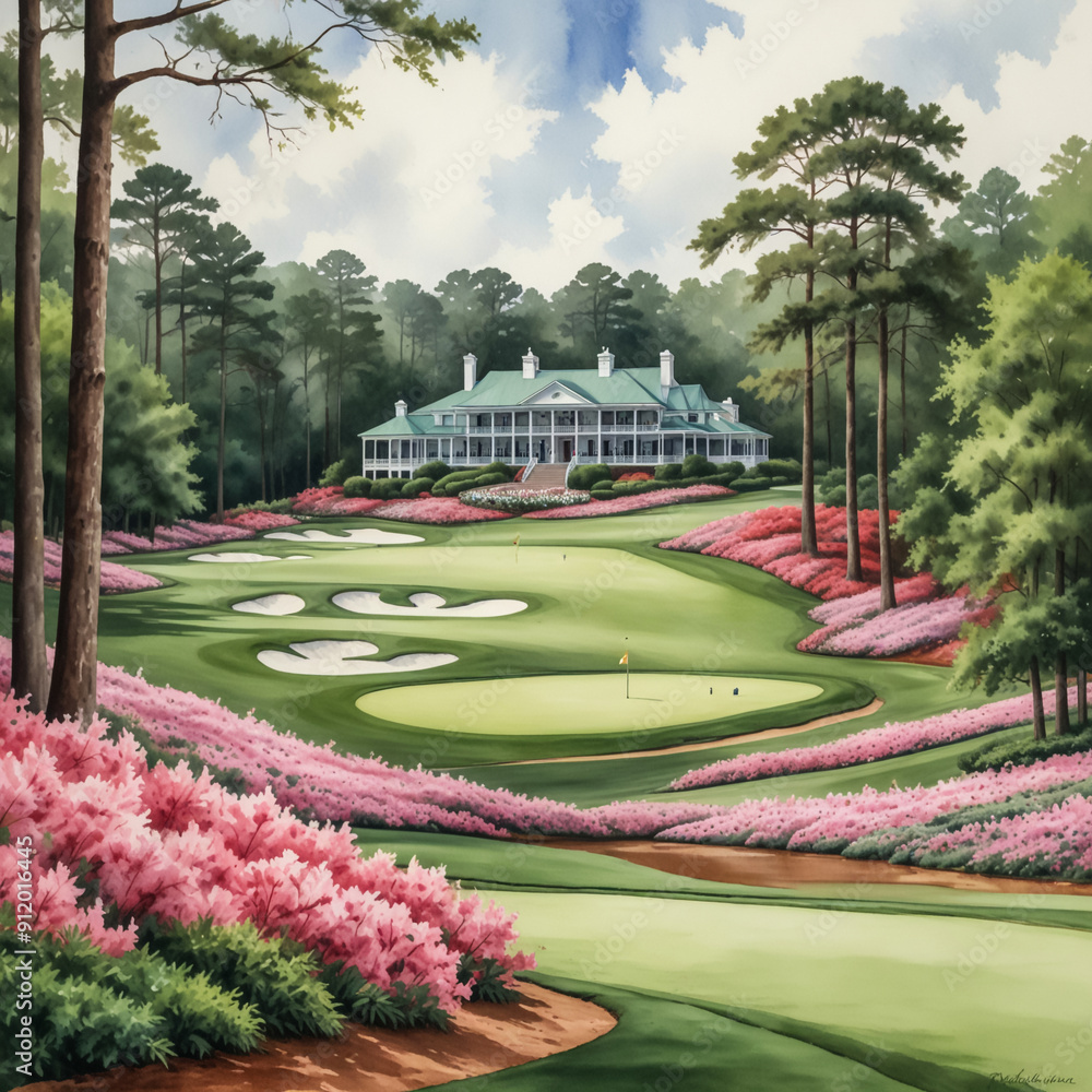 Watercolor illustration of the Augusta National Golf Club in Augusta ...