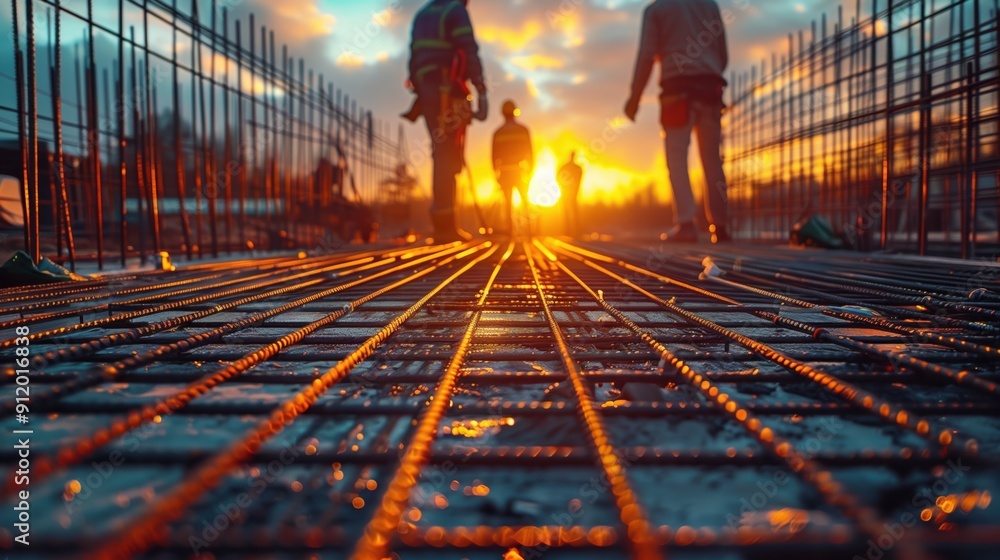 Rebar Mesh Installation at Sunset. Workers installing rebar mesh at ...