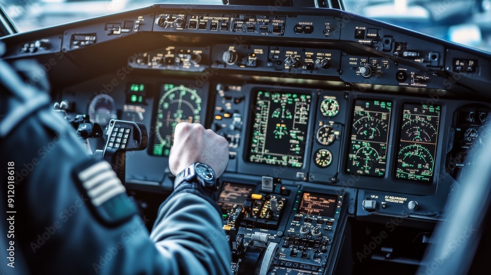 Foto de Pilot operating an aircraft in a cockpit. Wearing a pilot ...