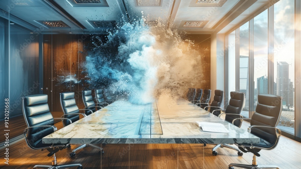 Surreal smoke explosion in modern boardroom, capturing contrast between ...