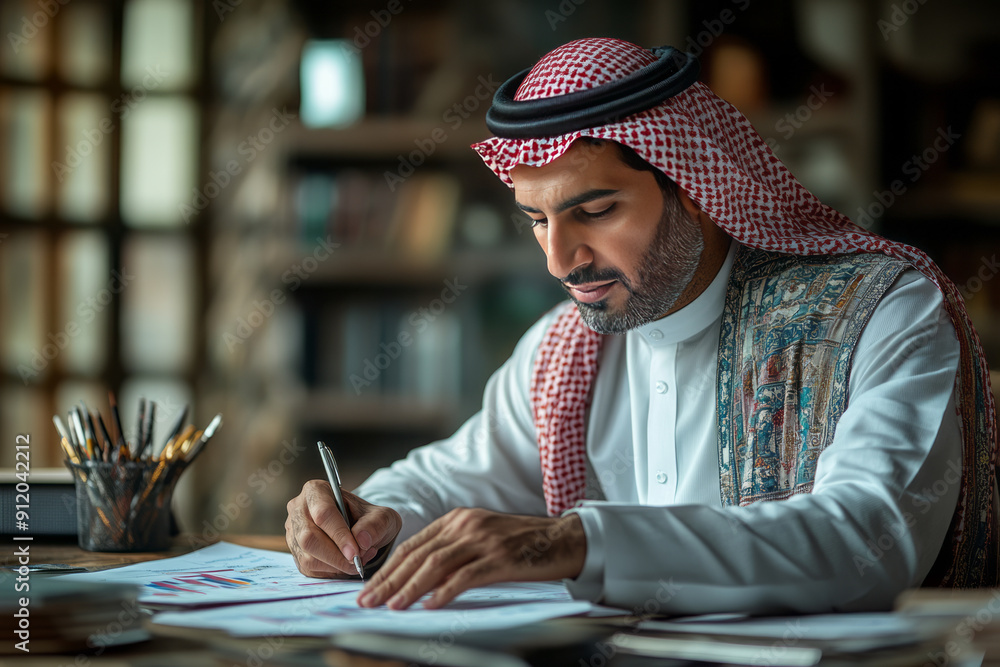 Saudi man in white thobe, writing with charts behind, in an office ...