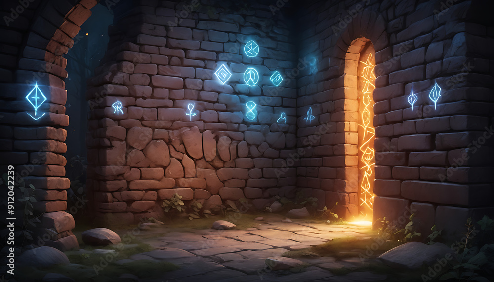Illustration of a brick wall with magical runes and glowing symbols ...