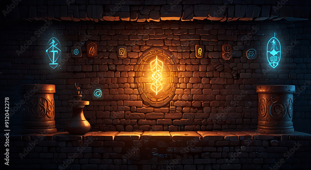 Illustration of a brick wall with magical runes and glowing symbols ...