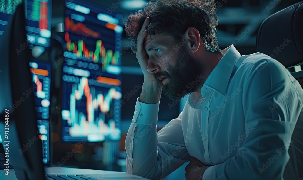 Trader Monitor Crash. Stress Business man look at the Computer Monitor ...