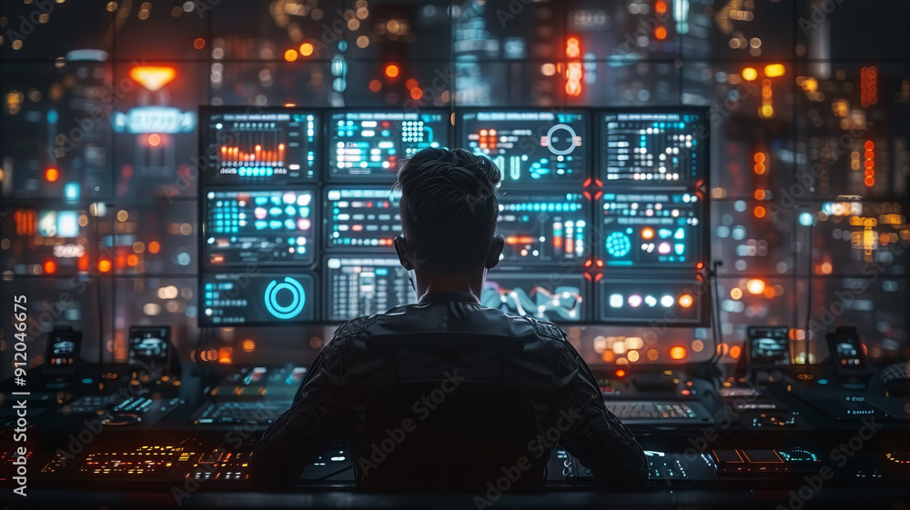 overview an engineer's shoulder. On the monitor are multiple screens of ...