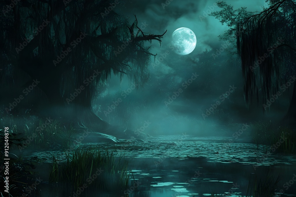 Photo & Art Print Eerie swamp landscape at night with full moon ...