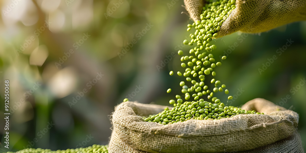 Pouring green moong dal (Vigna radiata) into a sack. Concept ...