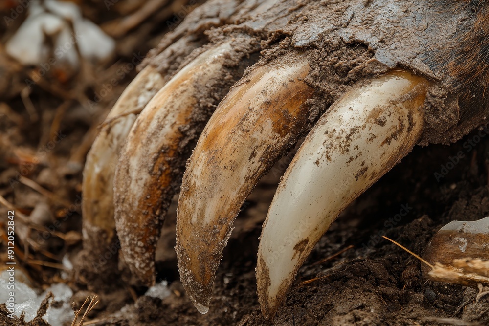 Detailed view of giant ground sloth claws, with visible dirt and ice ...