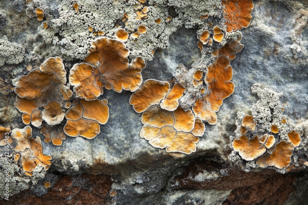Macro shot of ancient lichen on frozen rock, displaying intricate ...