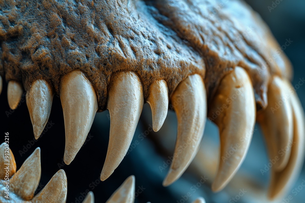 Detailed view of dire wolf teeth, with focus on sharp canines and ...