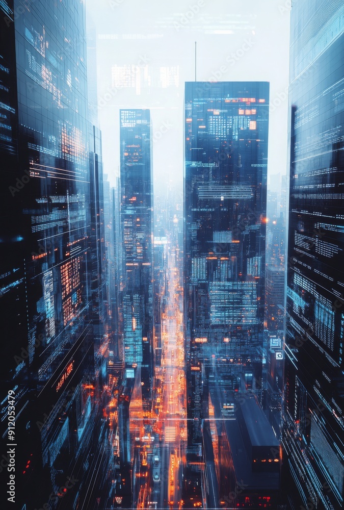 A sleek and minimal futuristic cityscape, with digital displays ...