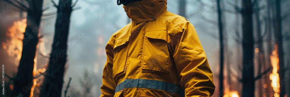 Firefighter donning forestry uniform jacket at station in preparation ...