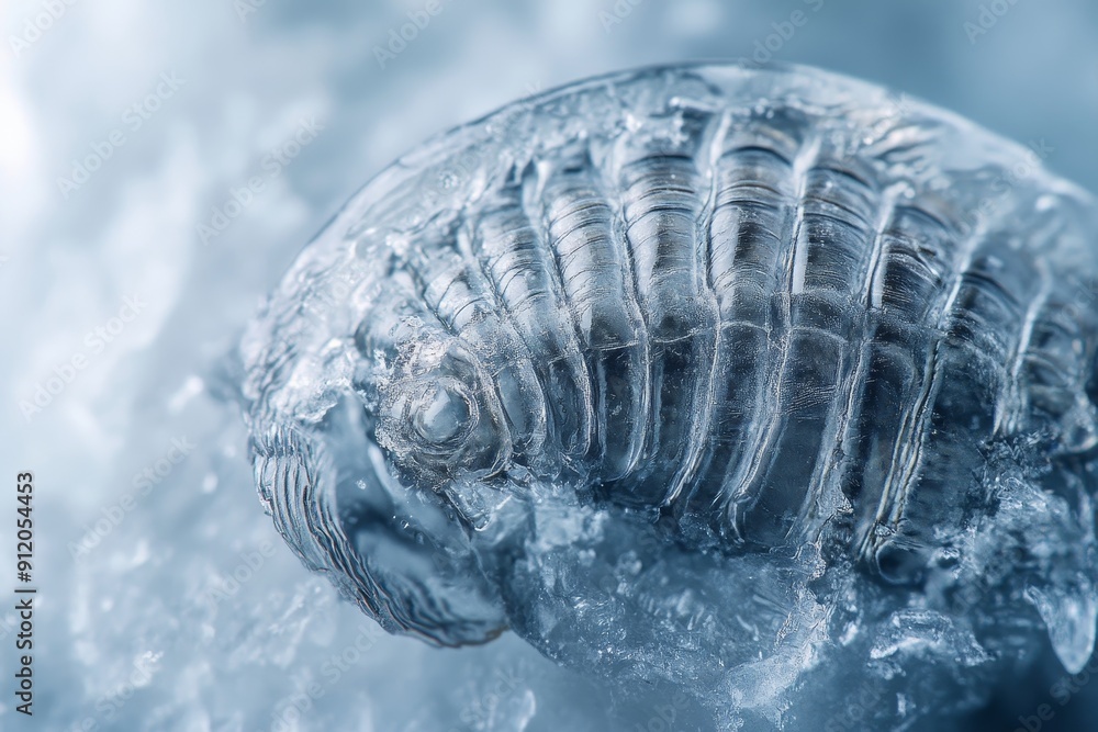 Macro shot of trilobite fossil in ice, highlighting ancient exoskeleton ...