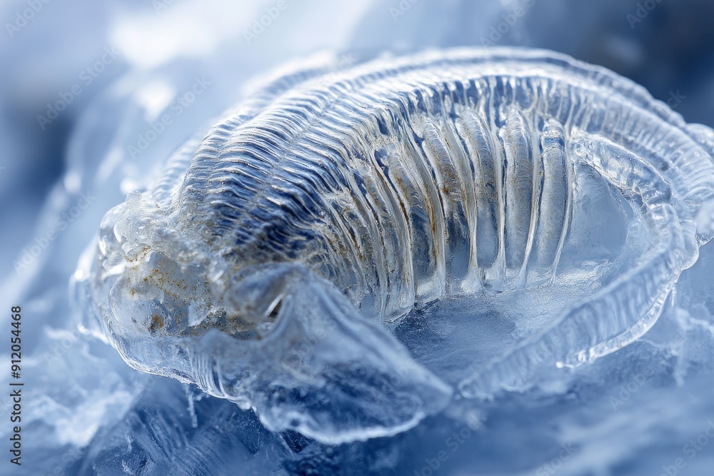 Macro shot of trilobite fossil in ice, highlighting ancient exoskeleton ...