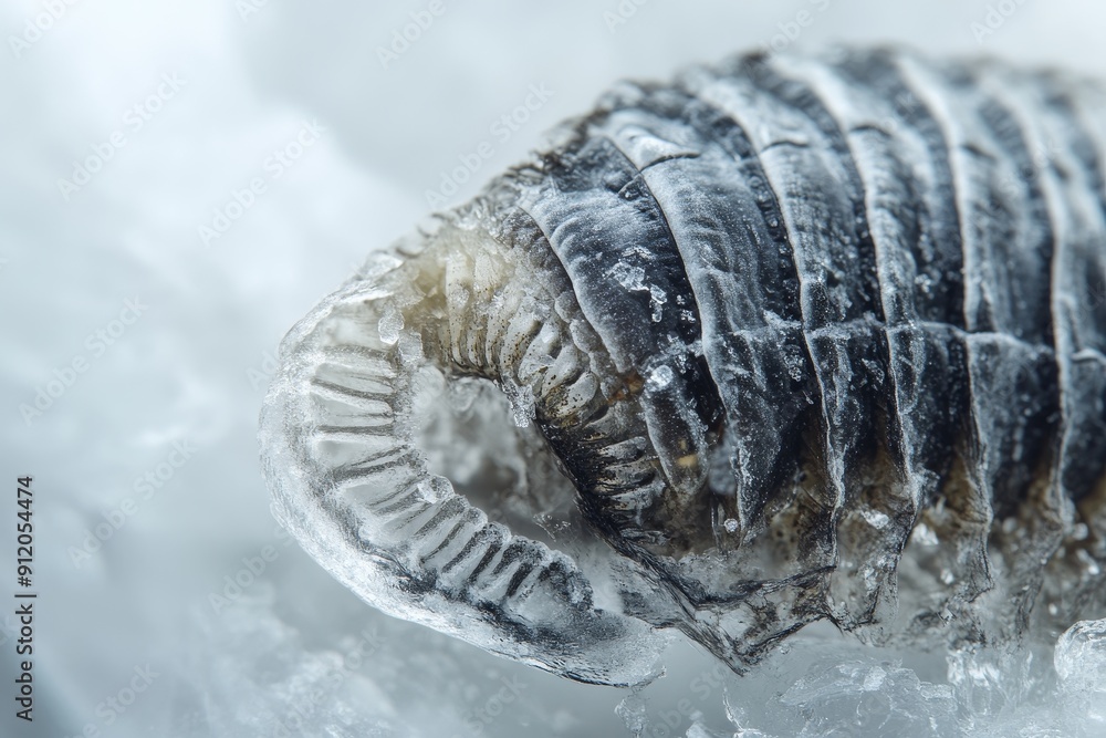 Macro shot of trilobite fossil in ice, highlighting ancient exoskeleton ...