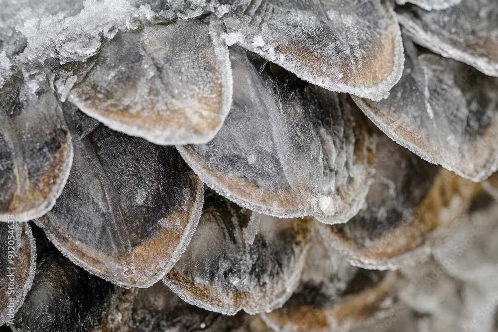 Close-up of prehistoric fish scales, covered in a thin layer of ice ...