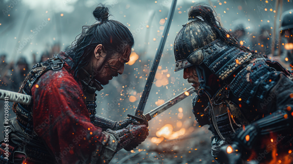 two ancient japanese samurai meet on the battlefield, the two wore ...