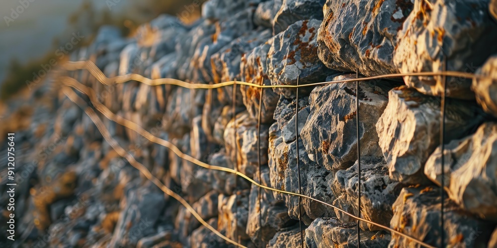 Stone Wall with Wire Mesh for Rockfall Protection in Mountains Stock ...
