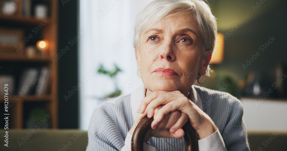 Walking stick, memory and senior woman in home with thinking, remember or nostalgia for past ...