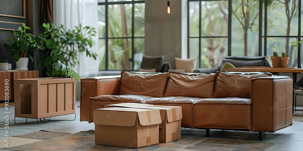 Moving Day: Two Cardboard Boxes Rest by a Modern Leather Sofa in a Room ...