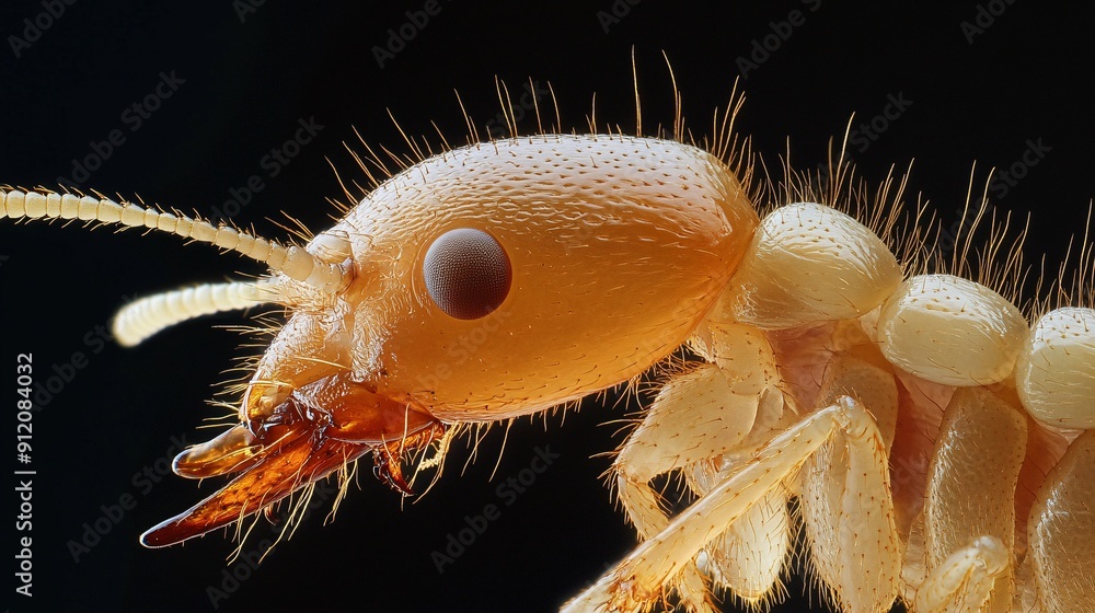 This photograph features an extreme close-up of a termite queen ...