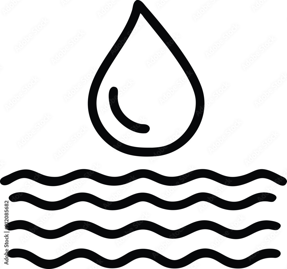Black and white icon of a water droplet on top of wavy lines. Stock ...