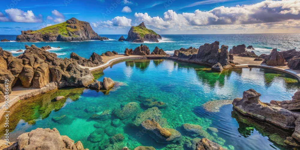 Natural rock pools formed by volcanic lava, filled with crystal clear ...