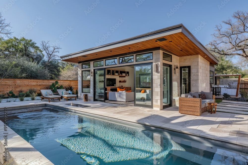 Small modern pool house with a gable roof, sliding glass doors, and ...